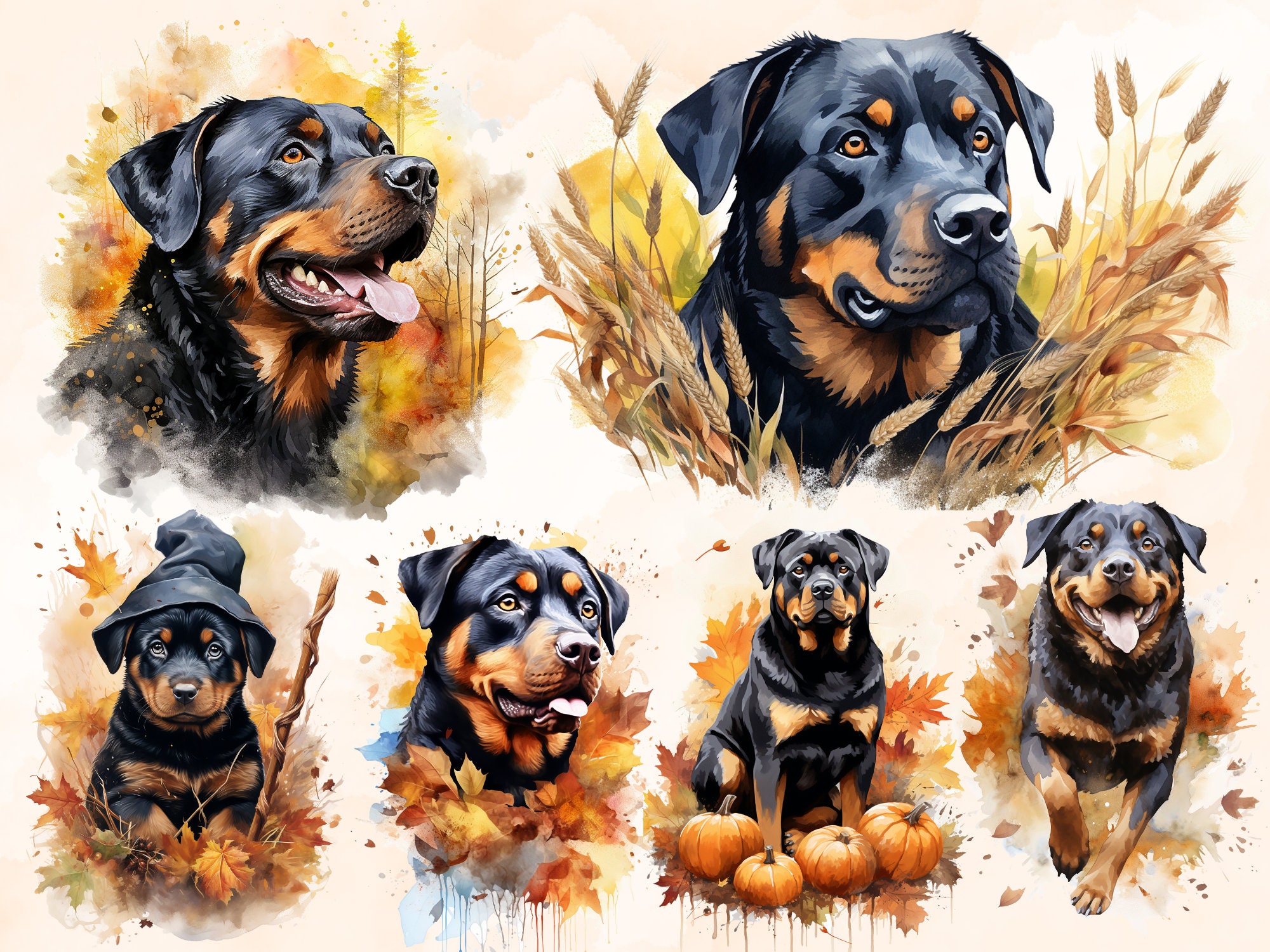 Watercolor Rottweiler Clipart Autumn Inspired - Etsy