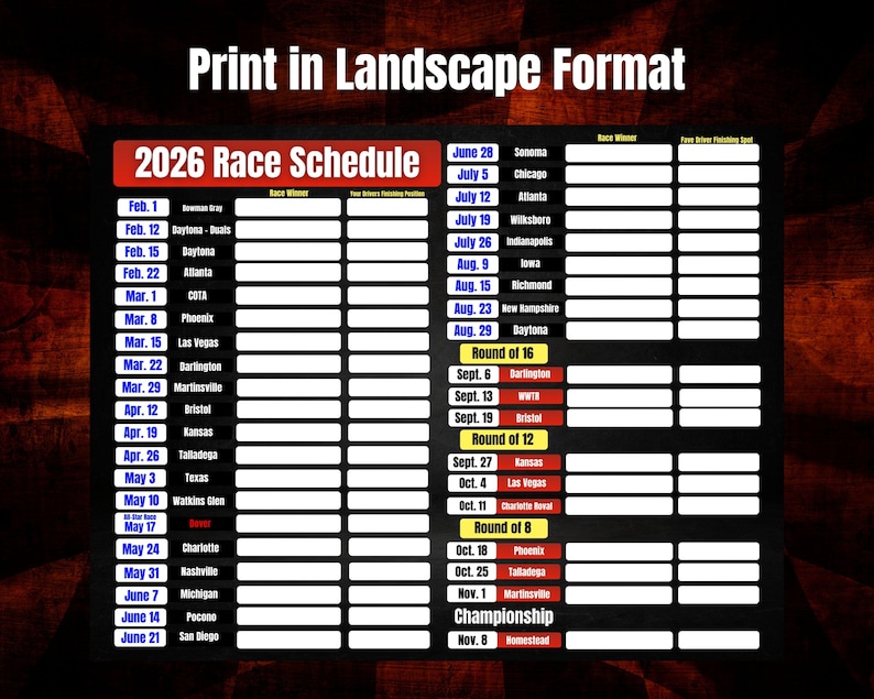 Nascar Cup Schedule, 2026 Nascar Schedule, Fill in the Blank Schedule ...