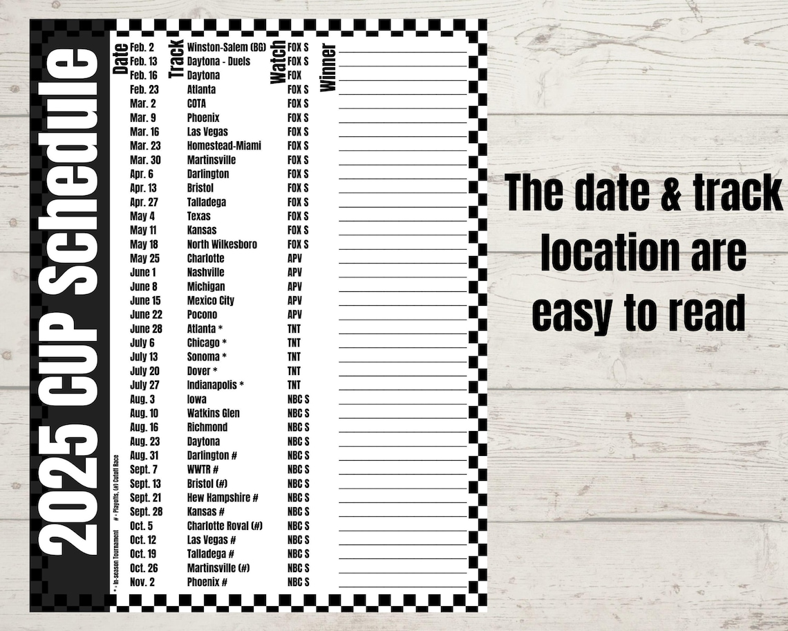 Nascar Cup Schedule, 2025 Nascar Schedule, Fill in the Blank Schedule ...