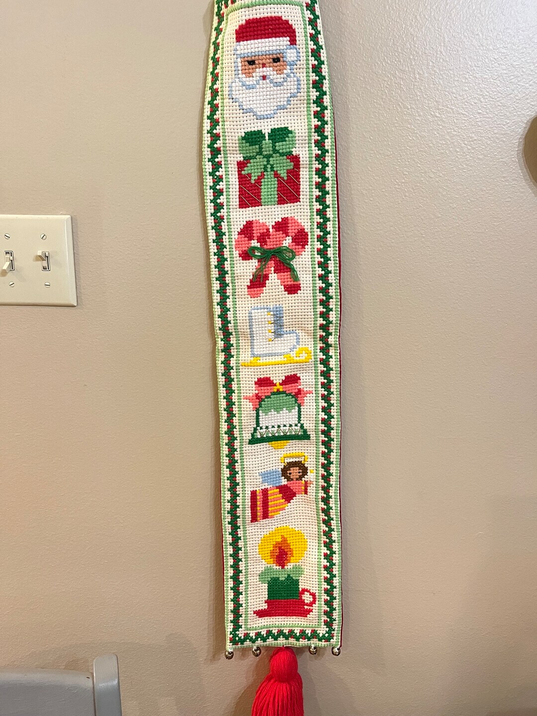 Vintage Christmas Cross-stitch Embroidered Bell Pull King Hanging Wall ...