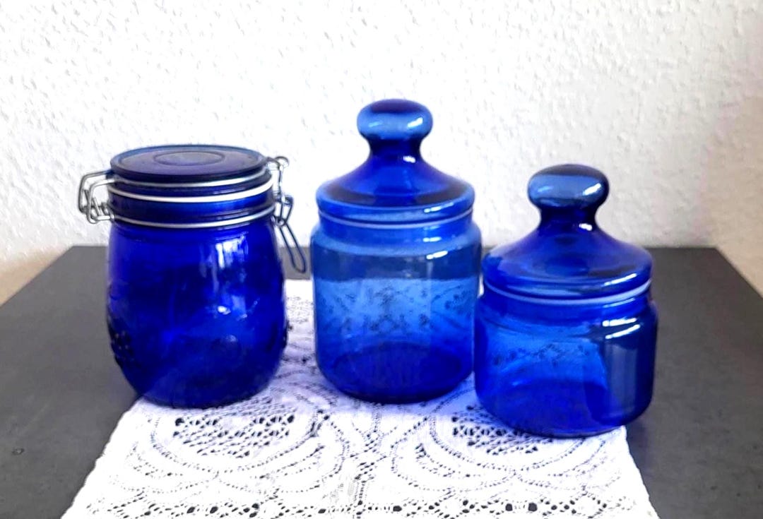 LUMINARC Lot of Three Vintage Cobalt Glass Jars With Lids . Old Vintage ...