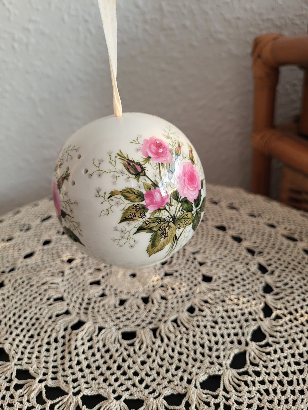Vintage POMANDER Ceramique White Ball With Beautiful Roses - Etsy