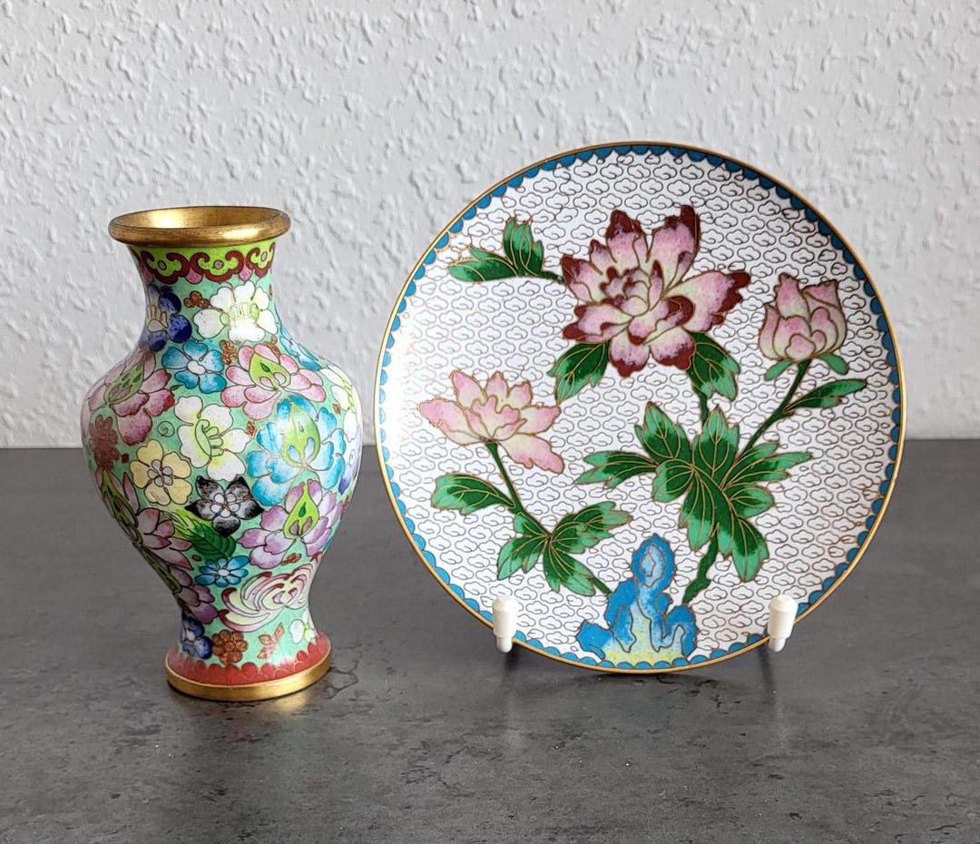 Antique Cloisonne Enamel Floral Brass Cloisonne Vase and Plate 1900s - Etsy