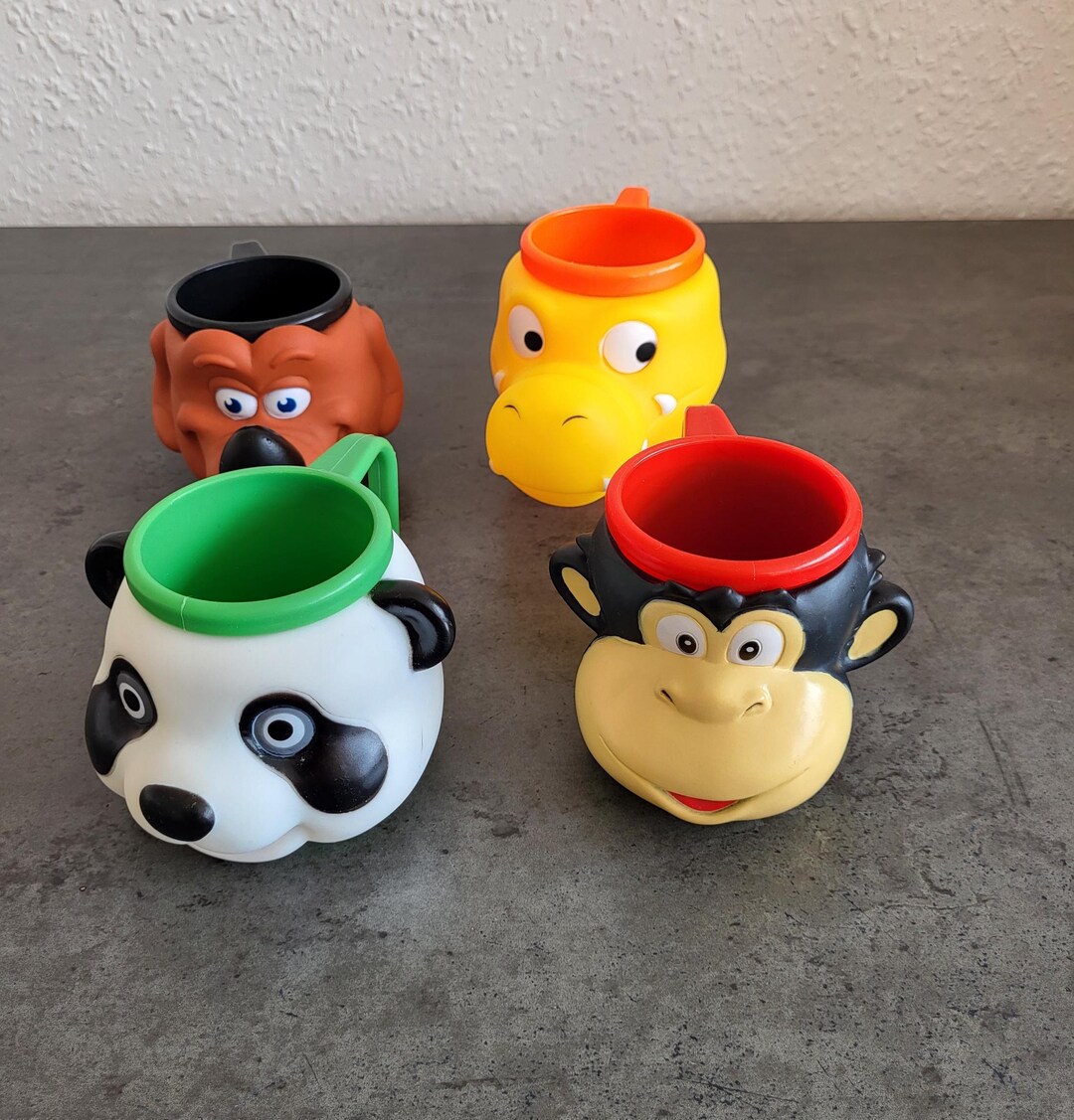 Vintage Lot of 4 Plastic Children's Cups With 3D Animals Yellow Dragon ...