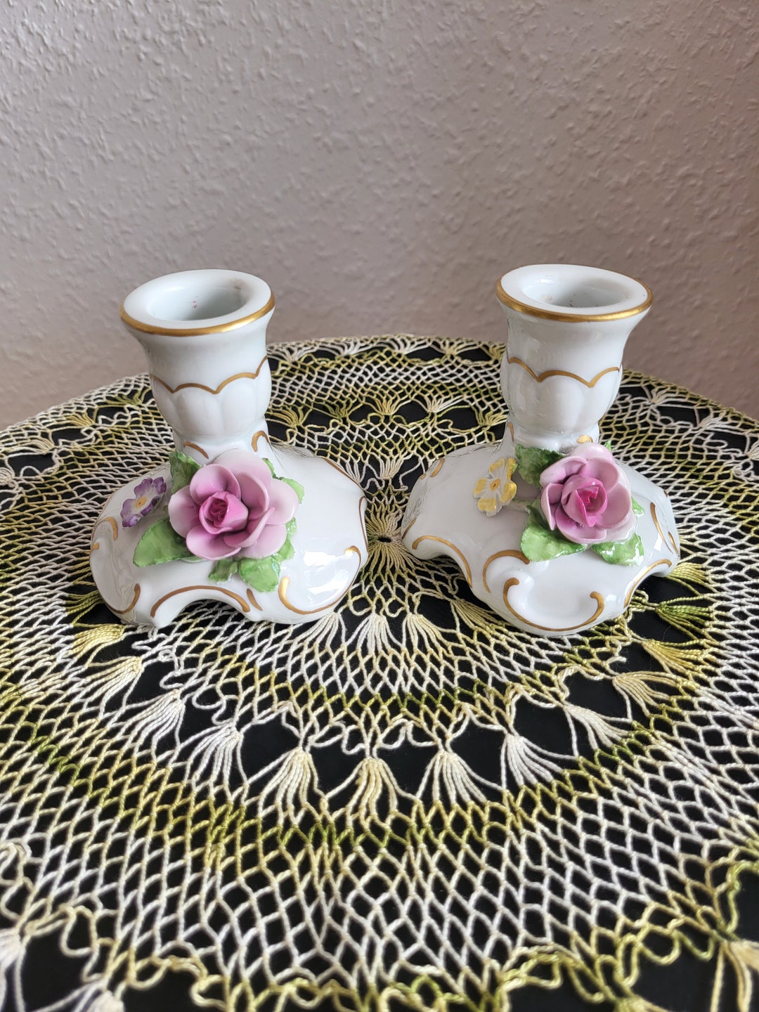 PMP GDR Pocelain Hand Painted Floral Embossed Gold Candle Holder ...