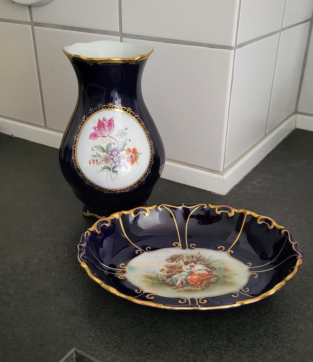 Henneberg Ilmenau Echt Kobalt Vintage Porcelain Vase and Rusk Bowl Are ...