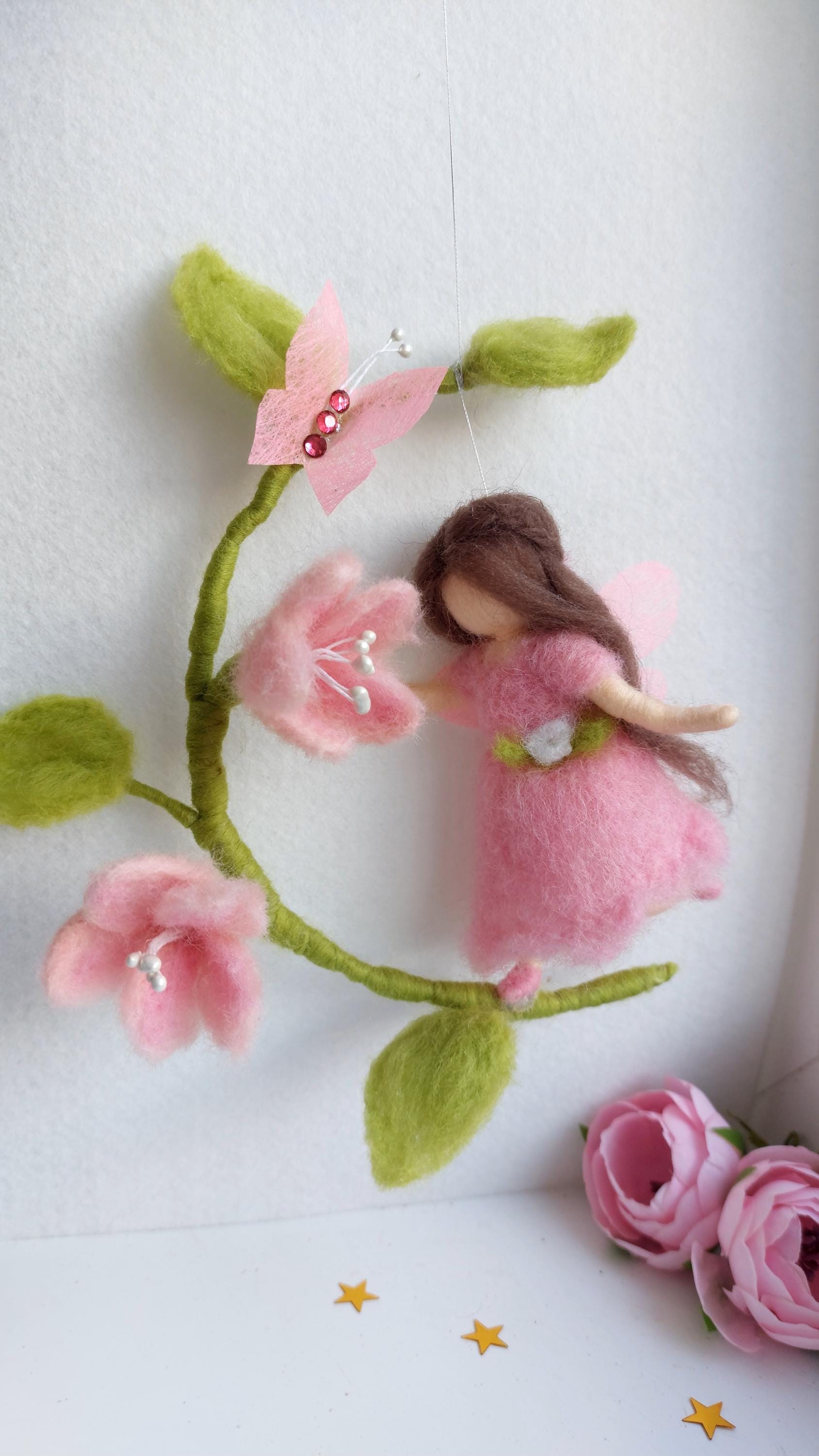 Flower Fairy on Swing Ping Fairy Needle Felt Doll Whimsical Girl Room ...