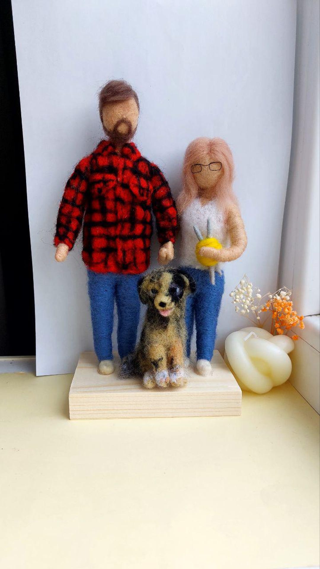 Custom Wool Family Portrait Statue With Pet - Felted Pet Memorial ...