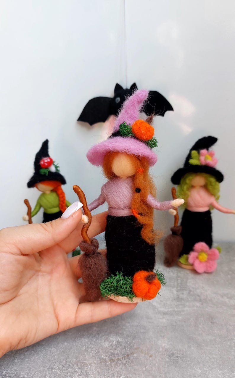 Whimsical Witch Figurine With Broom - Needle Felting Witch Figurine ...