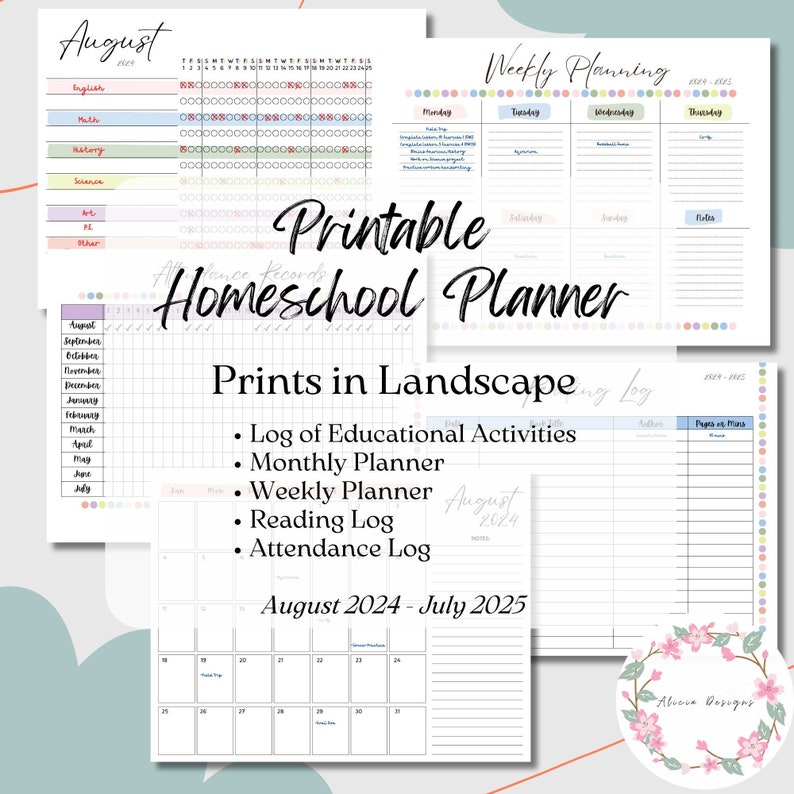 Printable Homeschool Planner (august 2024 - July 2025), Planner Pages ...