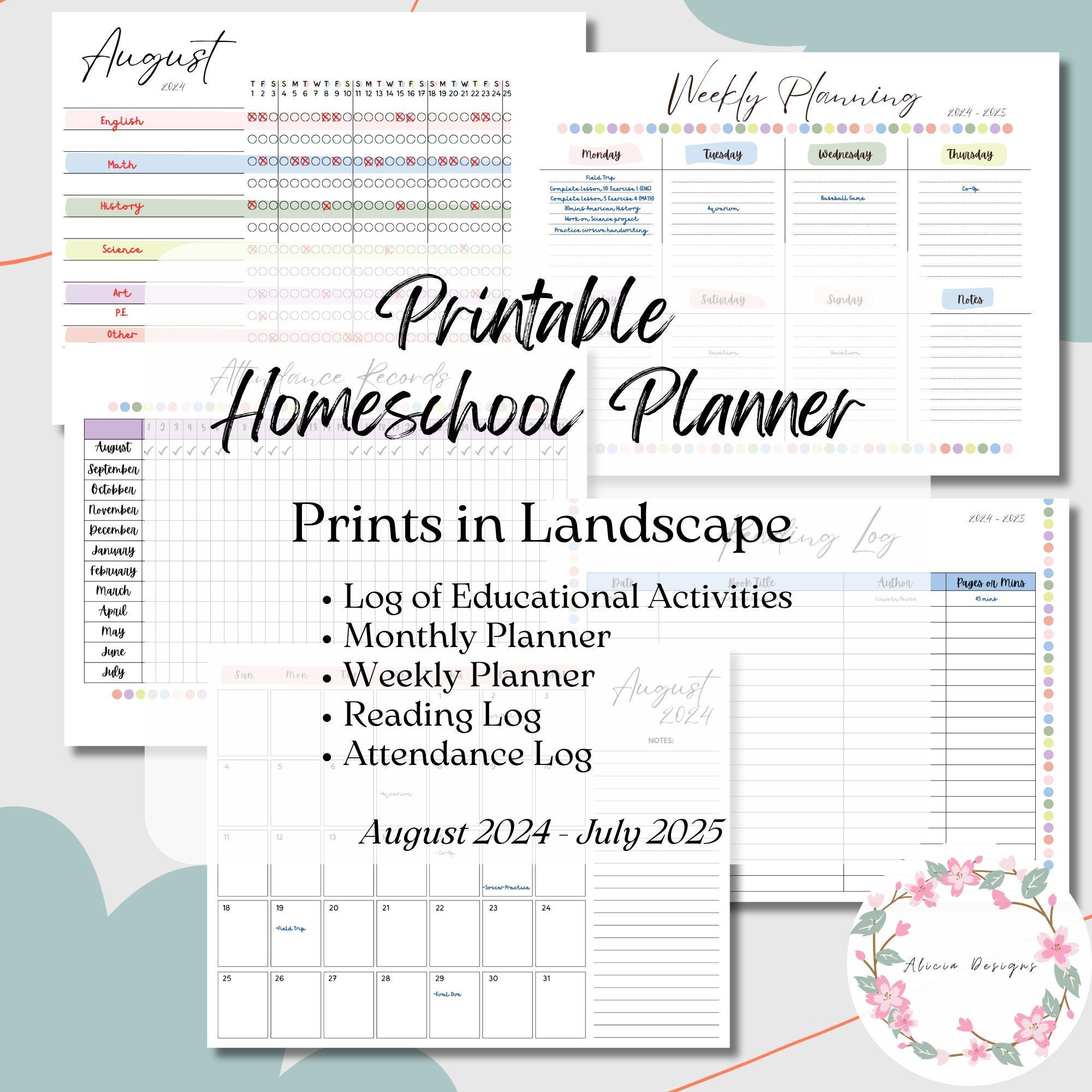 Printable Homeschool Planner (august 2024 - July 2025), Planner Pages ...