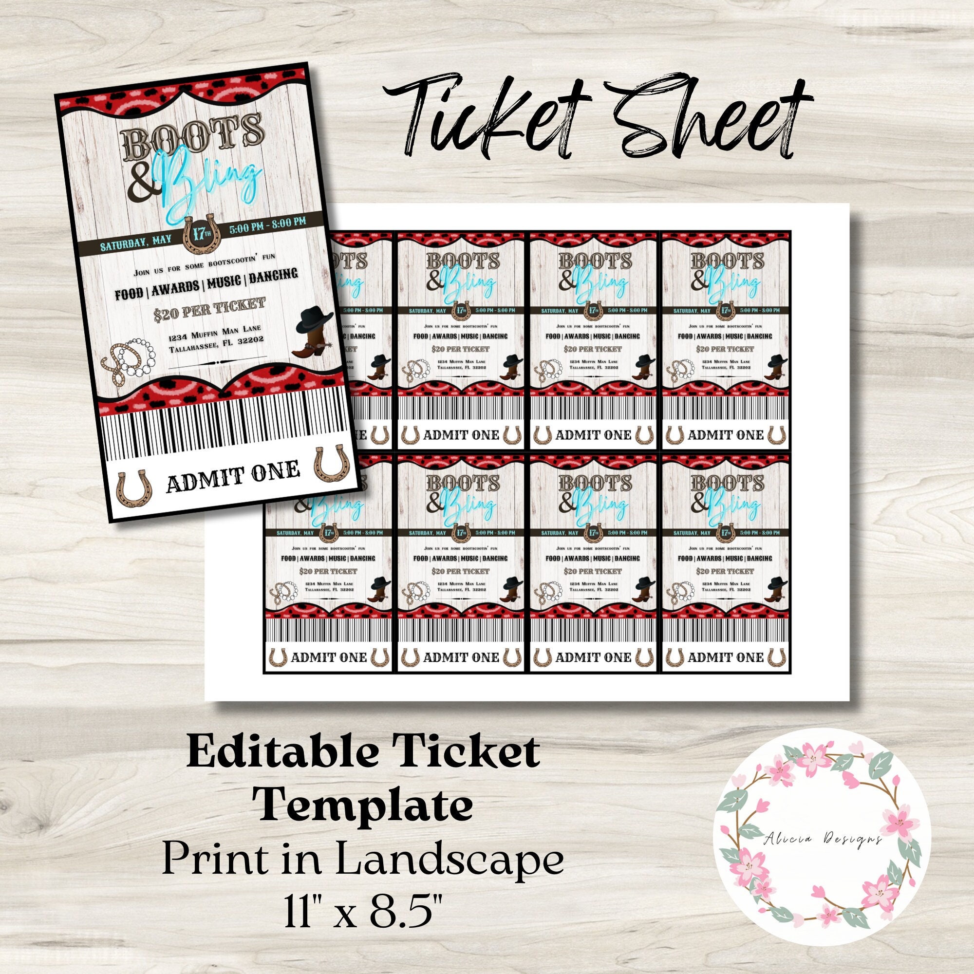 Boots & Bling - Mother Son Dance Printable Tickets Template (EDITABLE ...