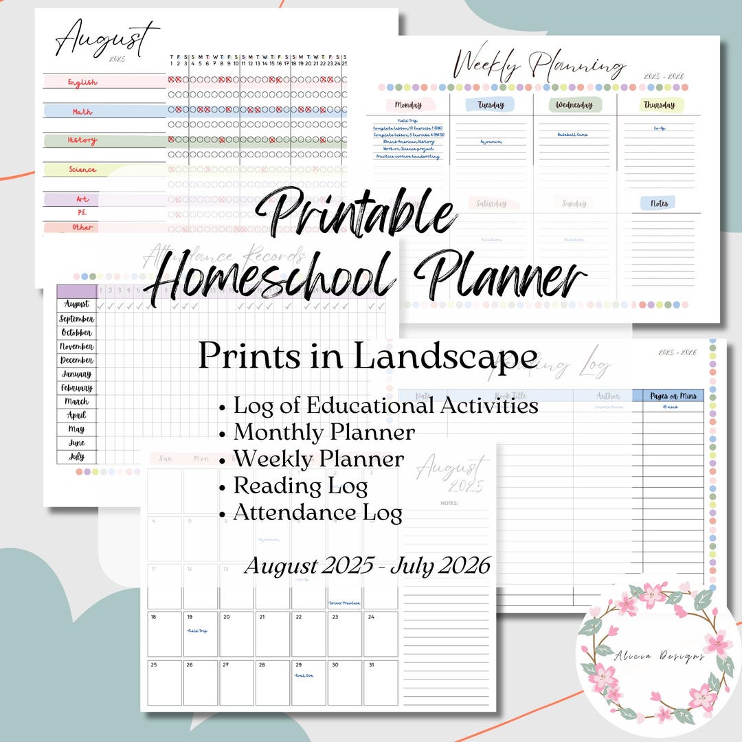 Printable Homeschool Planner (august 2025 - July 2026), Planner Pages ...