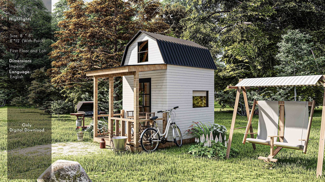 Cabin House Plans With Loft Bedroom, 8x8, 8x12, Step by Step DIY ...