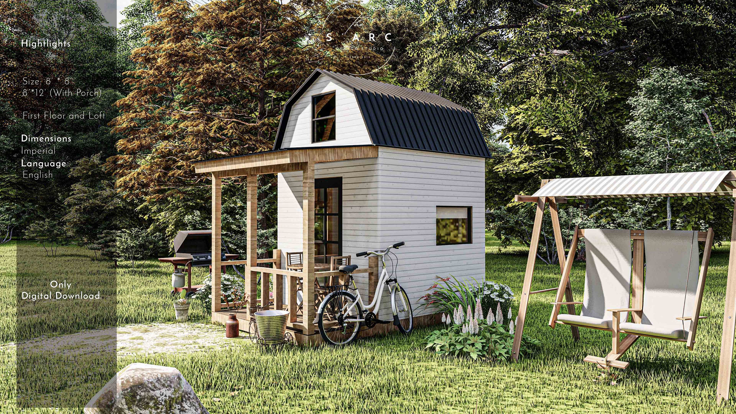 Cabin House Plans With Loft Bedroom, 8x8, 8x12, Step by Step DIY ...