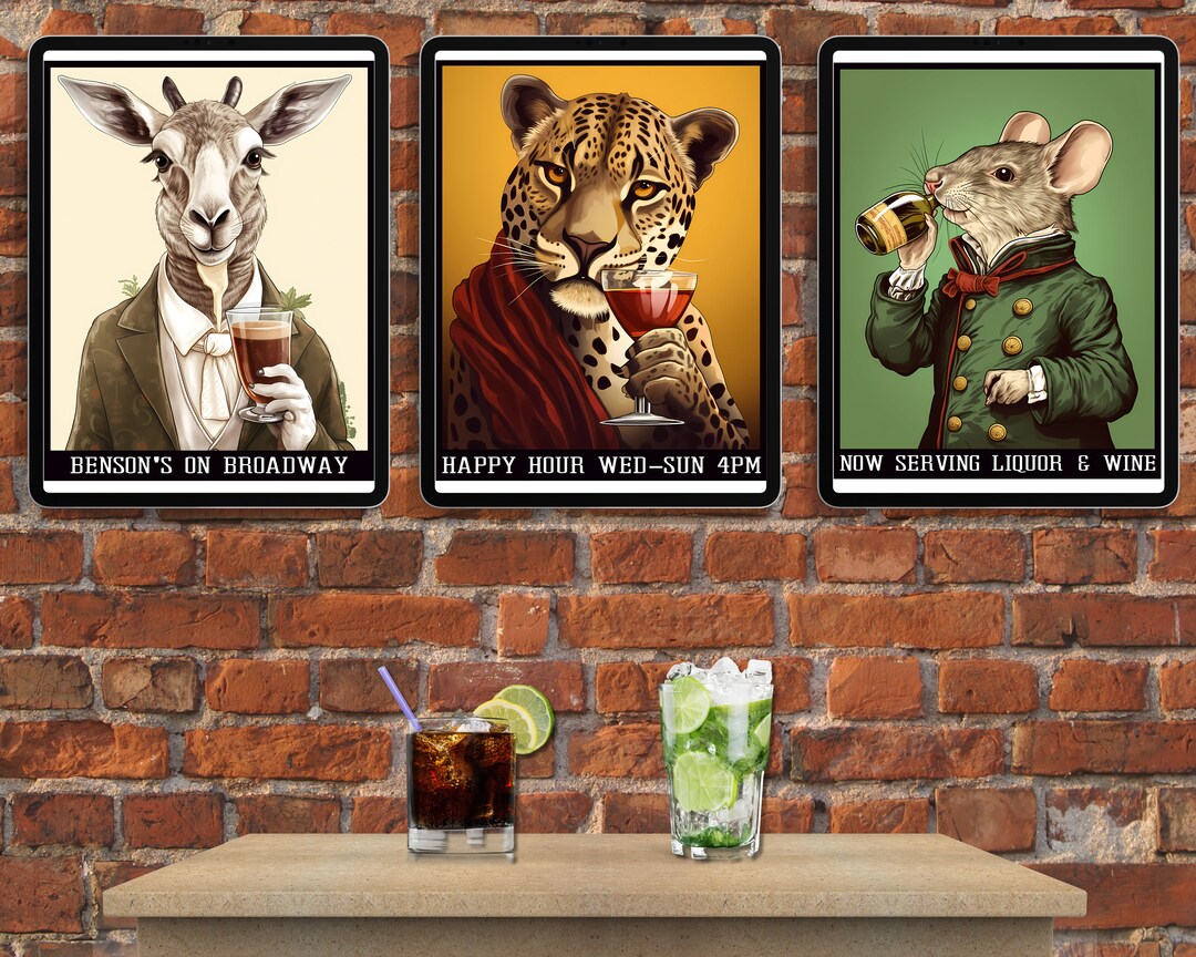 Bar Prints Animals Cocktails Wall Art Printable, Bar Cocktails Animals ...