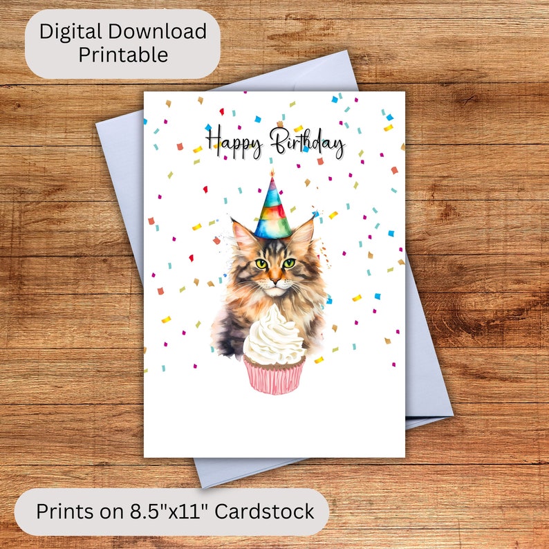 Printable Birthday Card Cat Printable Happy Birthday Card Cat Instant ...