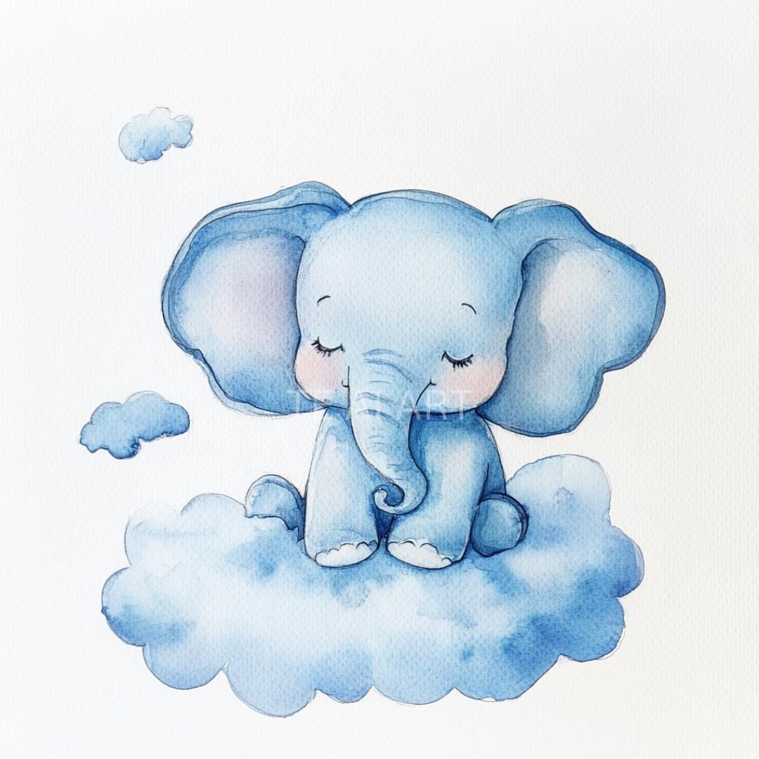 Adorable Blue Baby Elephant, Watercolor Clipart, 8 PNG, Instant ...