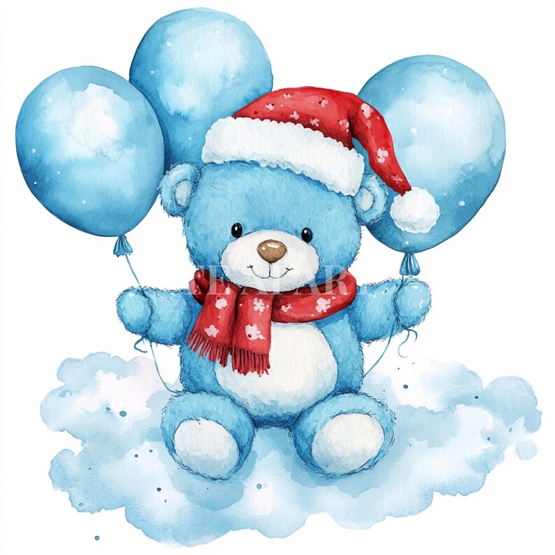 Adorable Teddy Bear Watercolor Clipart, Christmas Theme, 8 PNG, Instant ...