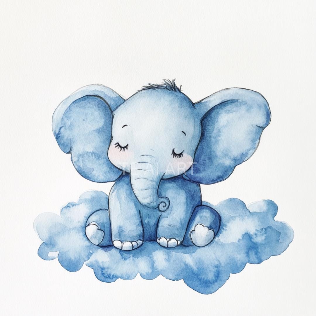 Adorable Blue Baby Elephant, Watercolor Clipart, 8 PNG, Instant ...