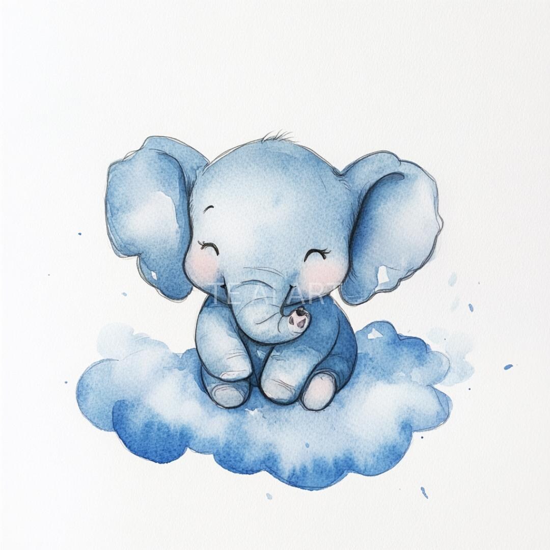 Adorable Blue Baby Elephant, Watercolor Clipart, 8 PNG, Instant ...
