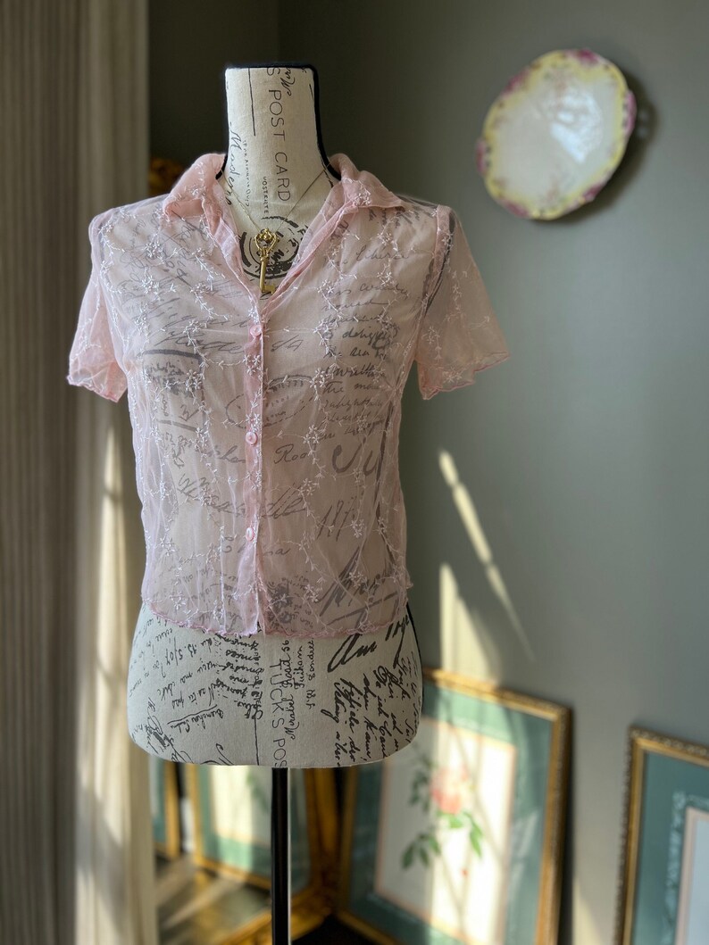 Vintage Pink Mesh Top With White Floral Embroidery Y2K - Etsy