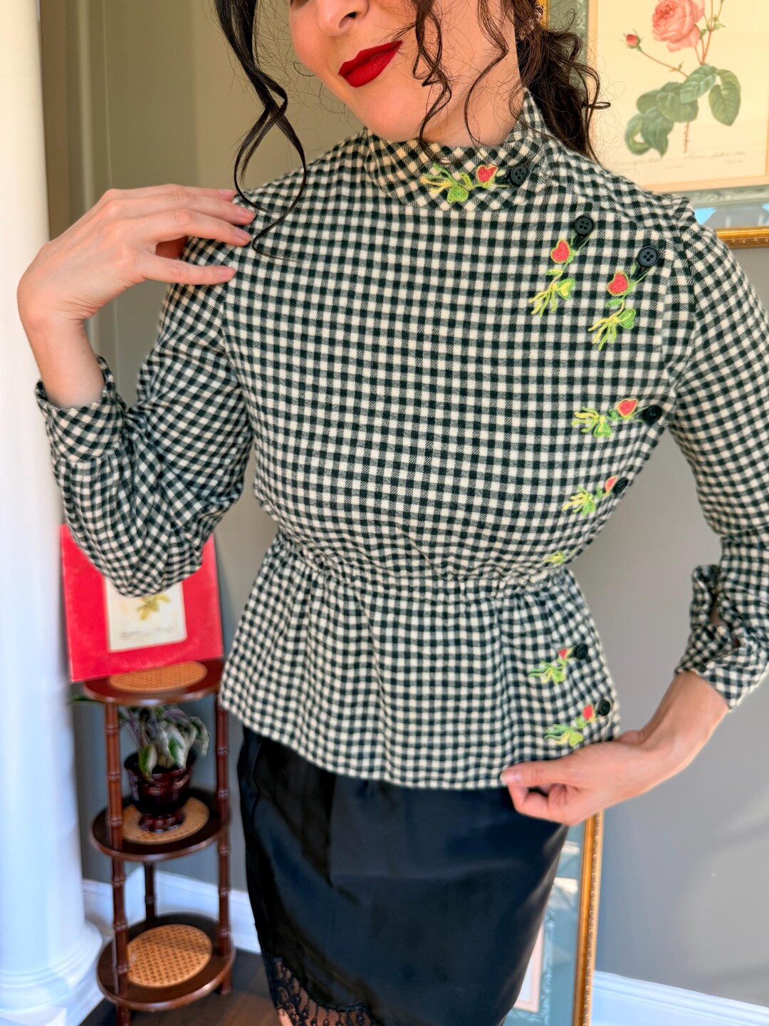 Vintage 70's Black & White Checkered Top With Floral Embroidery and ...