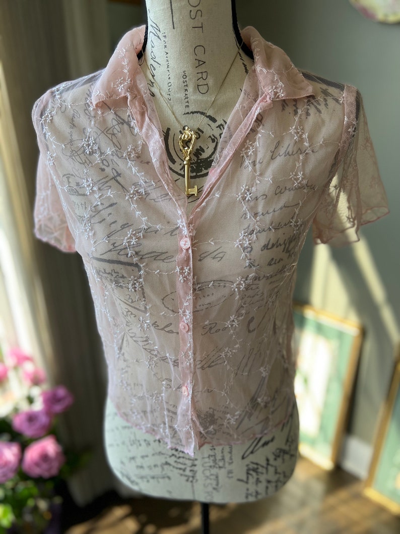 Vintage Pink Mesh Top With White Floral Embroidery Y2K - Etsy