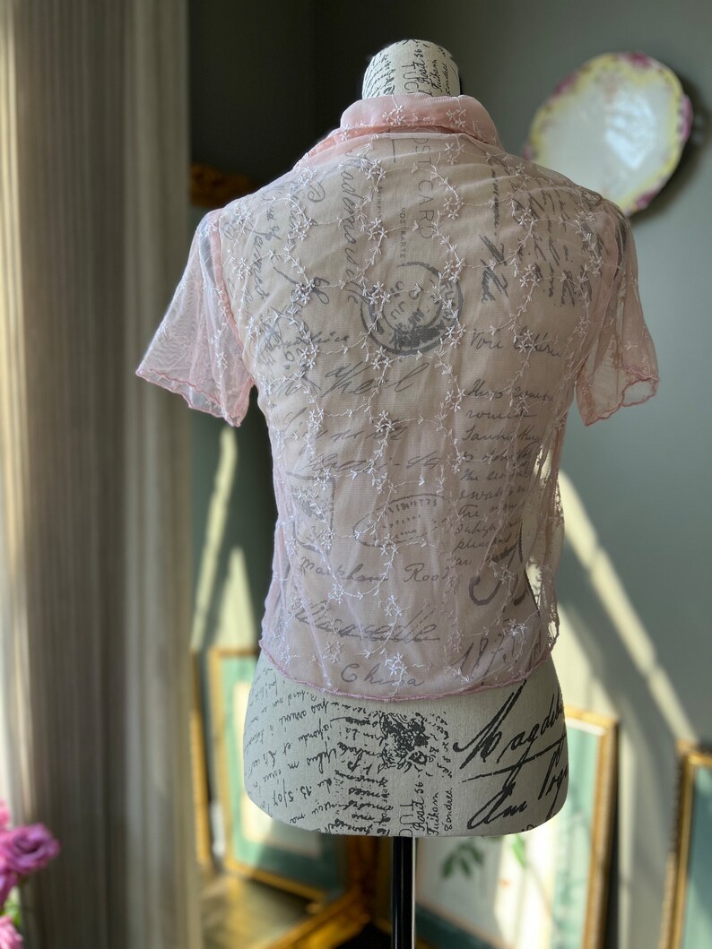 Vintage Pink Mesh Top With White Floral Embroidery Y2K - Etsy
