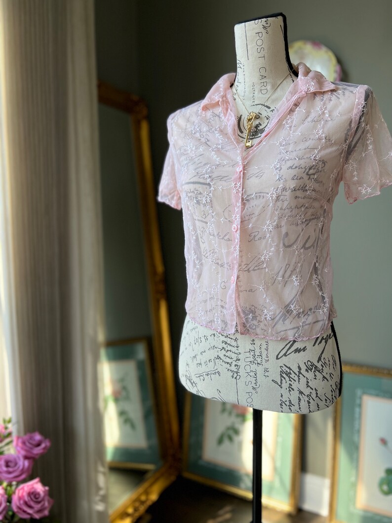Vintage Pink Mesh Top With White Floral Embroidery Y2K - Etsy