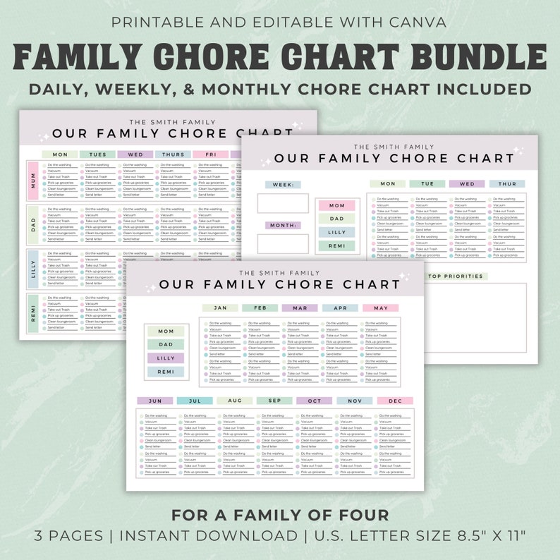 Editable Family Chore Chart, ADHD Cleaning Bundle, Master Cleaning List ...