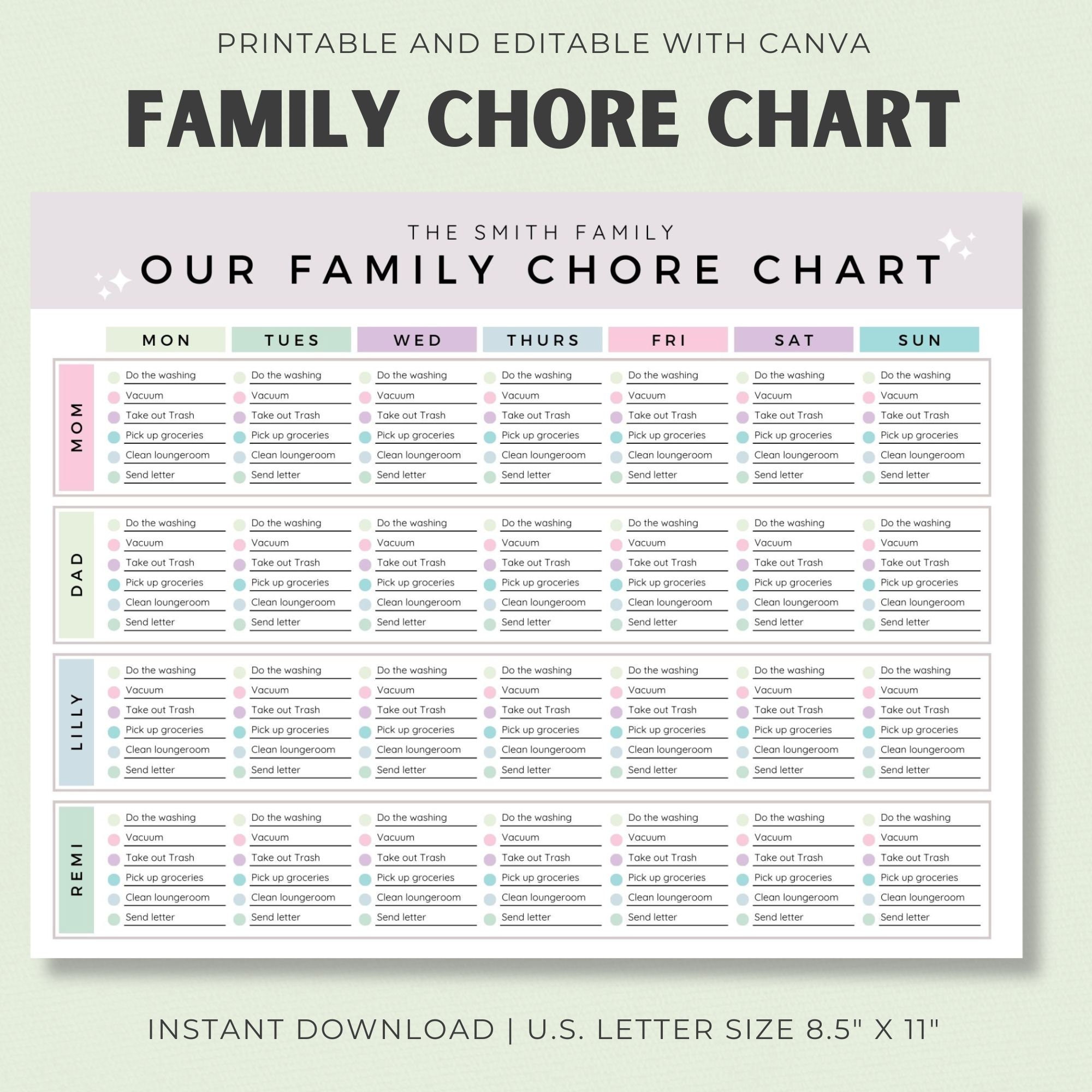 Family Chore Chart Checklist, Editable Cleaning Planner, Cleaning ...