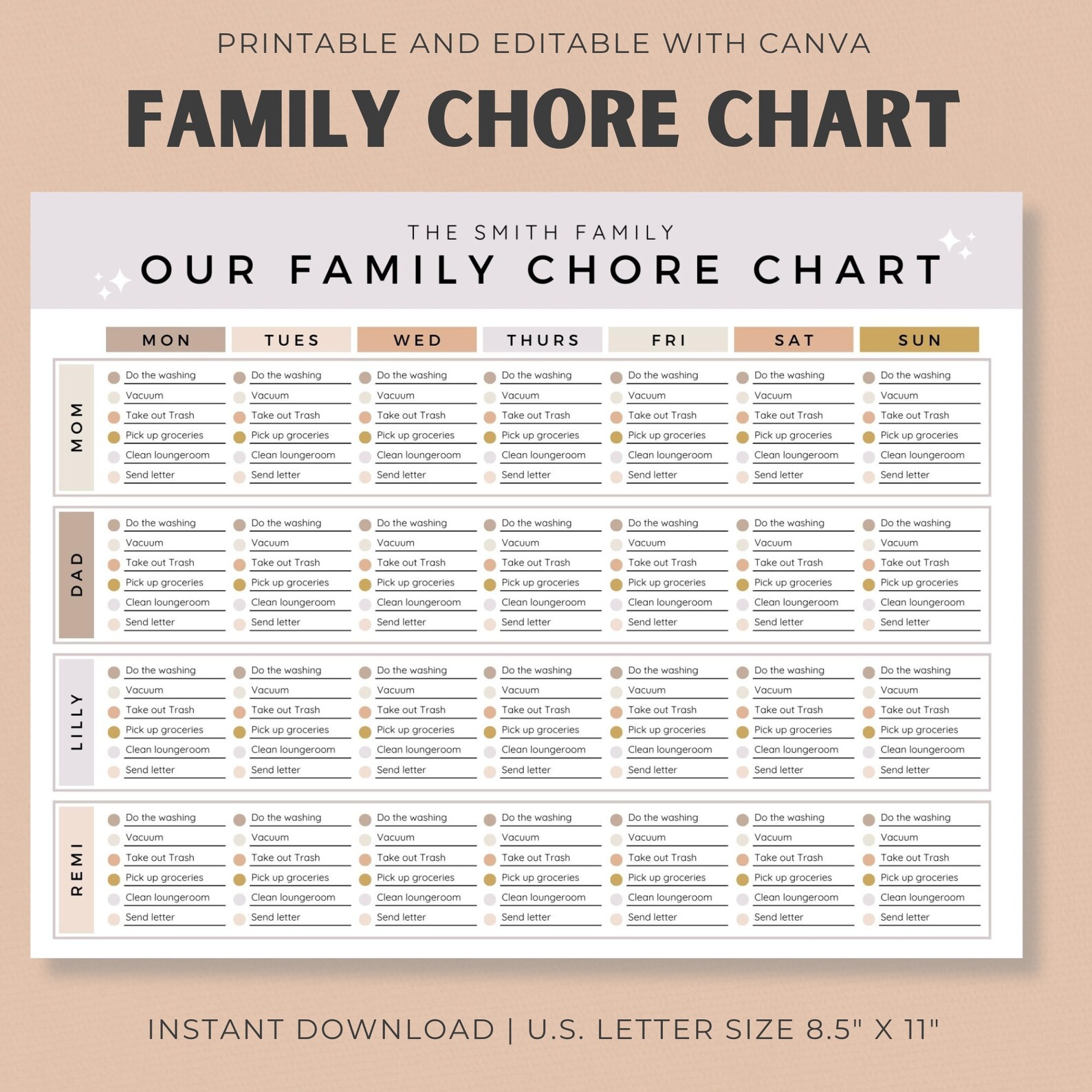 Family Chore Chart PDF, Editable Family Planner Printable, Weekly ...