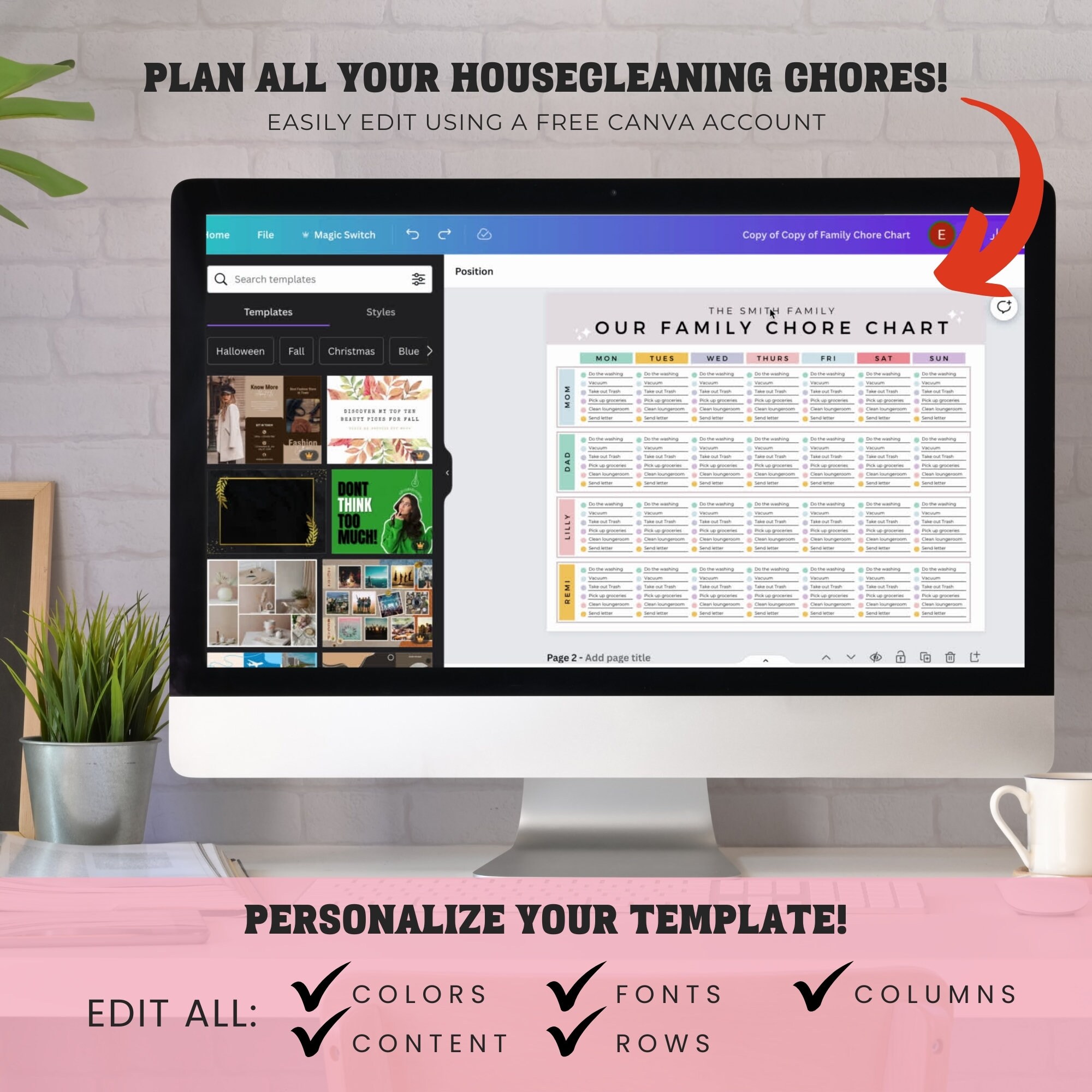 Family Chore Chart Checklist, Editable Cleaning Planner, Cleaning ...