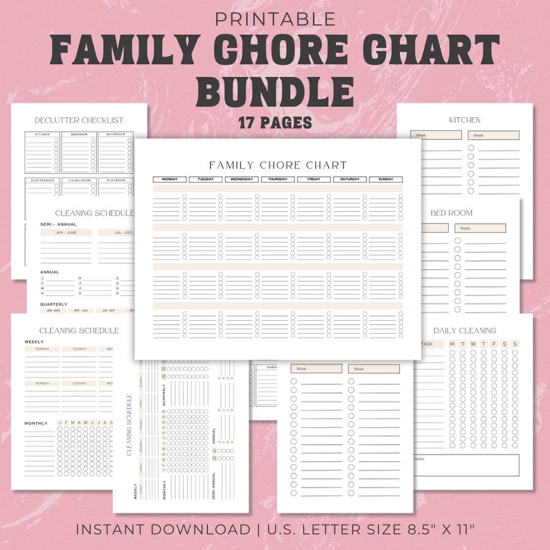Printable Family Chore Chart Checklist Bundle, Cleaning Planner ...