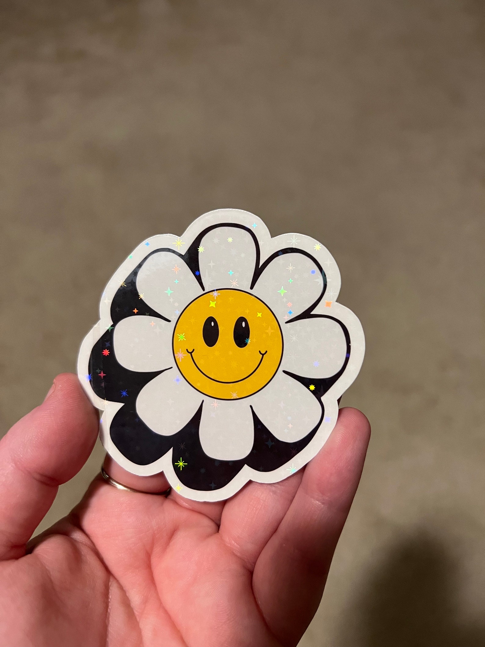 Smiley Face Daisy Flower Sticker Holographic Sparkly Vinyl Laptop ...
