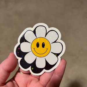 Smiley Face Daisy Flower Sticker | Holographic Sparkly Vinyl Laptop ...