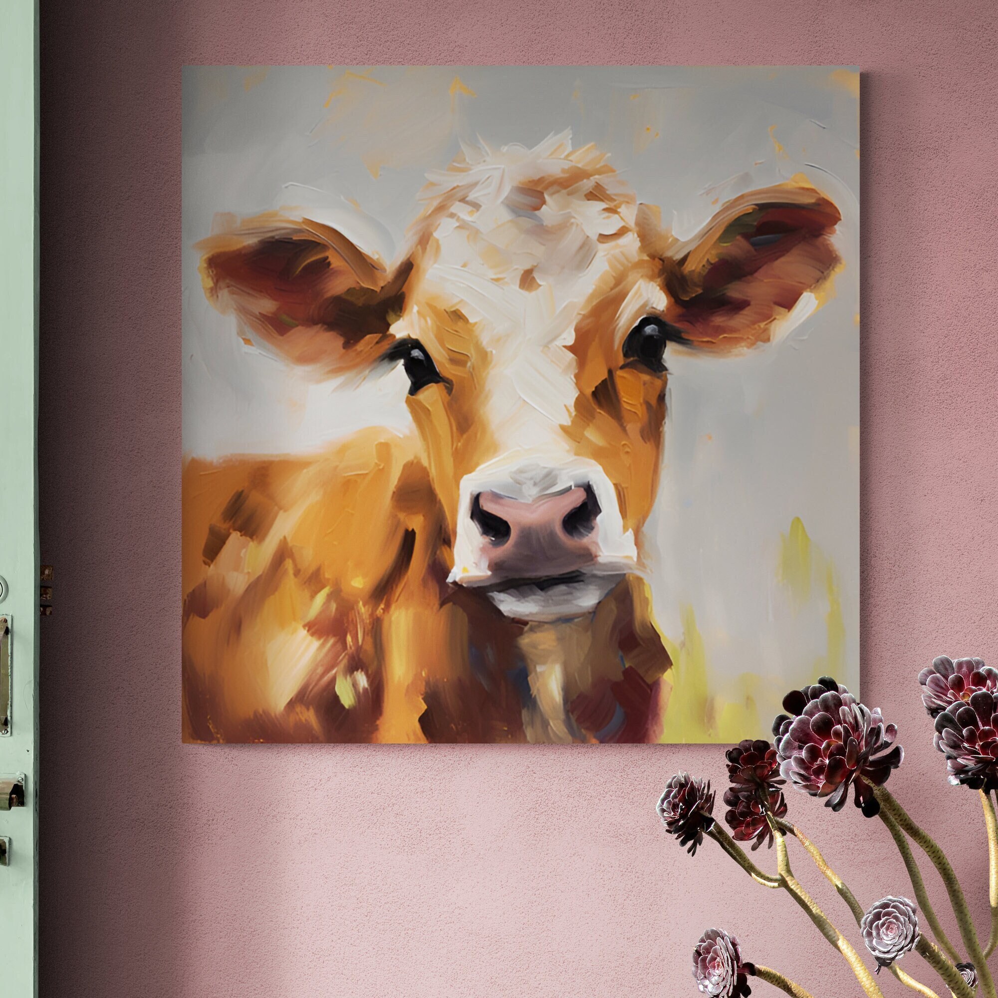 Hand Painted Young Cow Portrait Print on Premium Canvas Farmhouse Wall ...