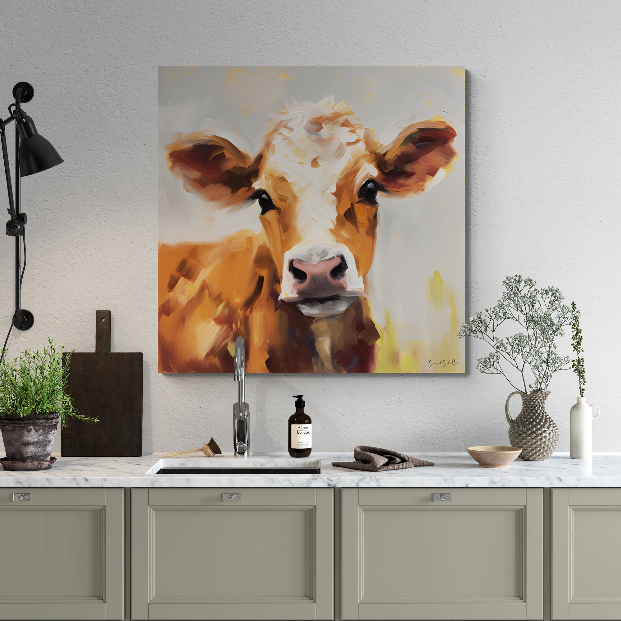 Hand Painted Young Cow Portrait Print on Premium Canvas Farmhouse Wall ...