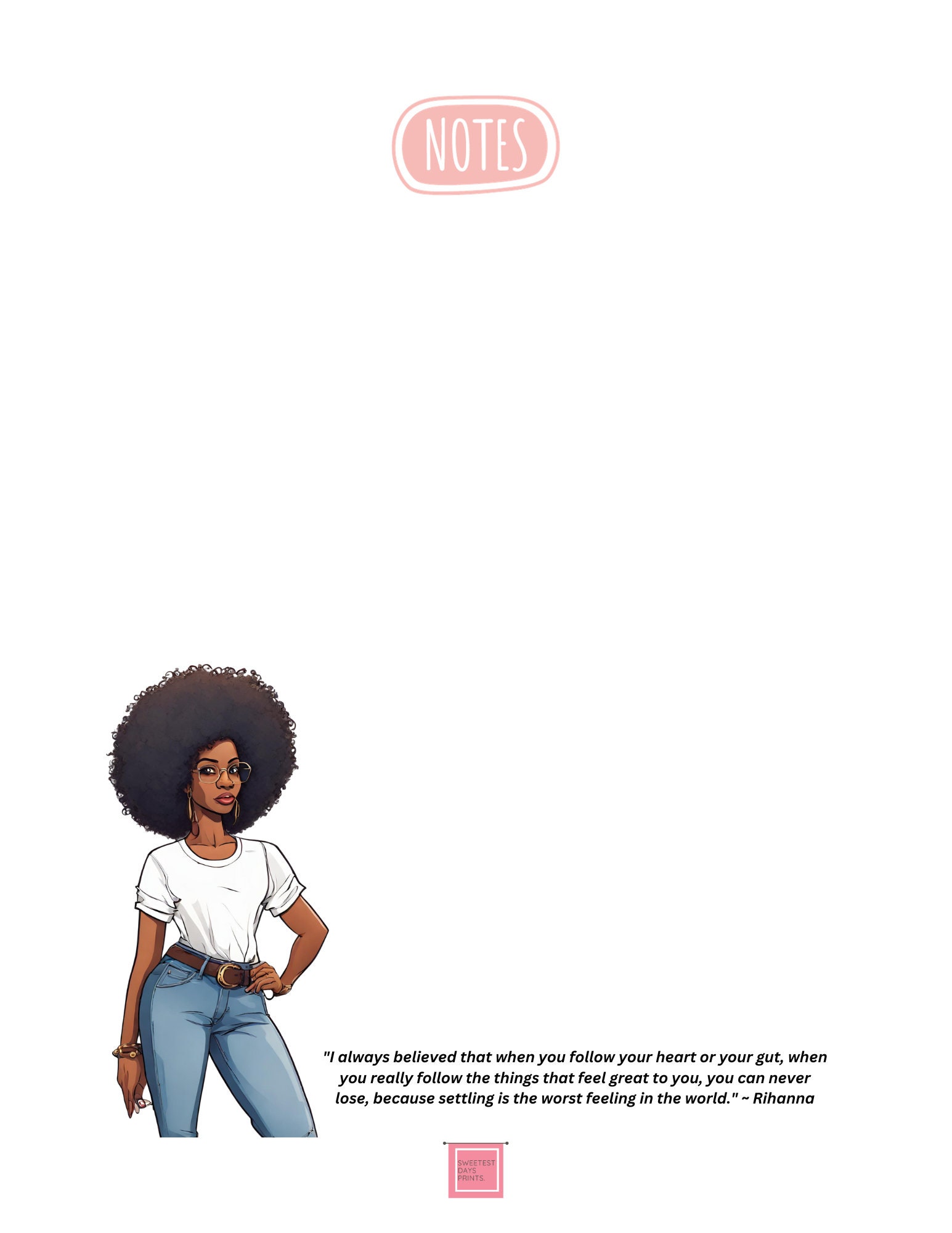 Printable Stationary Blank One Page Note Featuring Black Woman Art ...