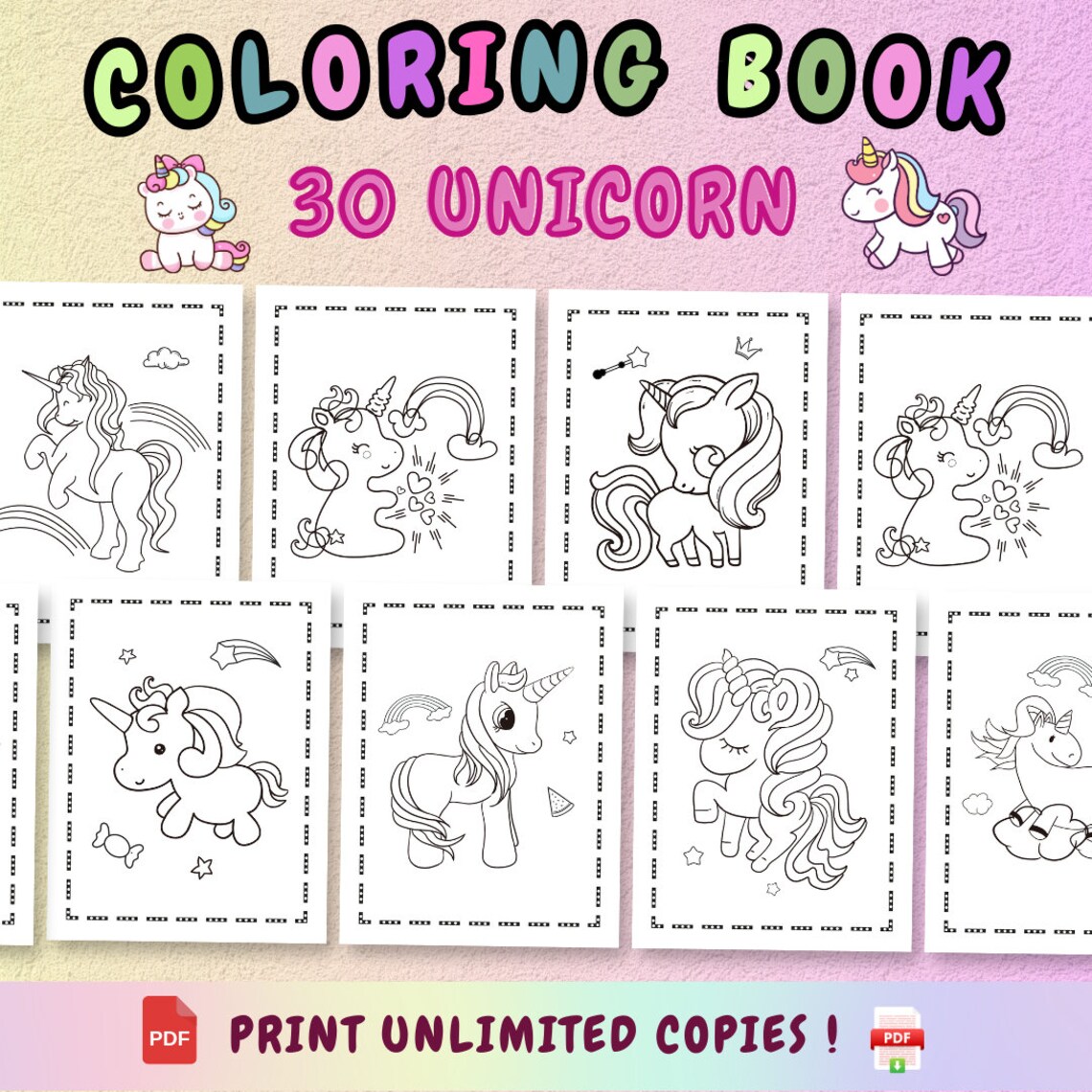 30 Pages PORTRAITS of UNICORN, Coloring Book, Unicorn Coloring Pages ...