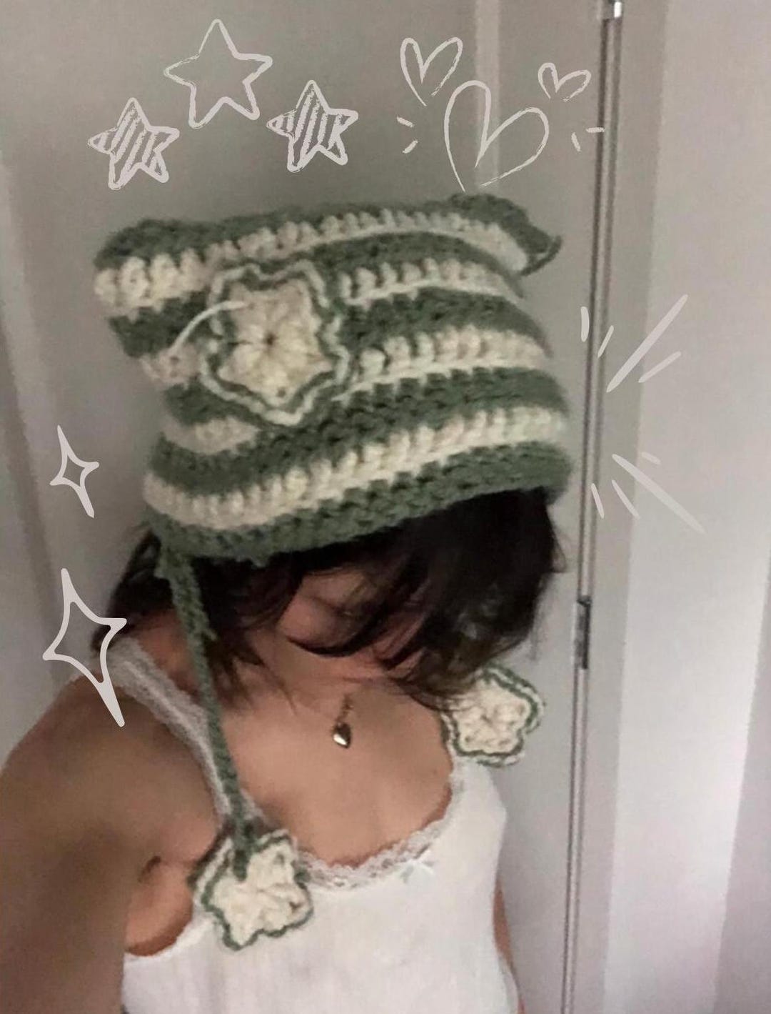 Custom Handmade Crochet Cat Ear Beanie Green and White Alt Y2k ...