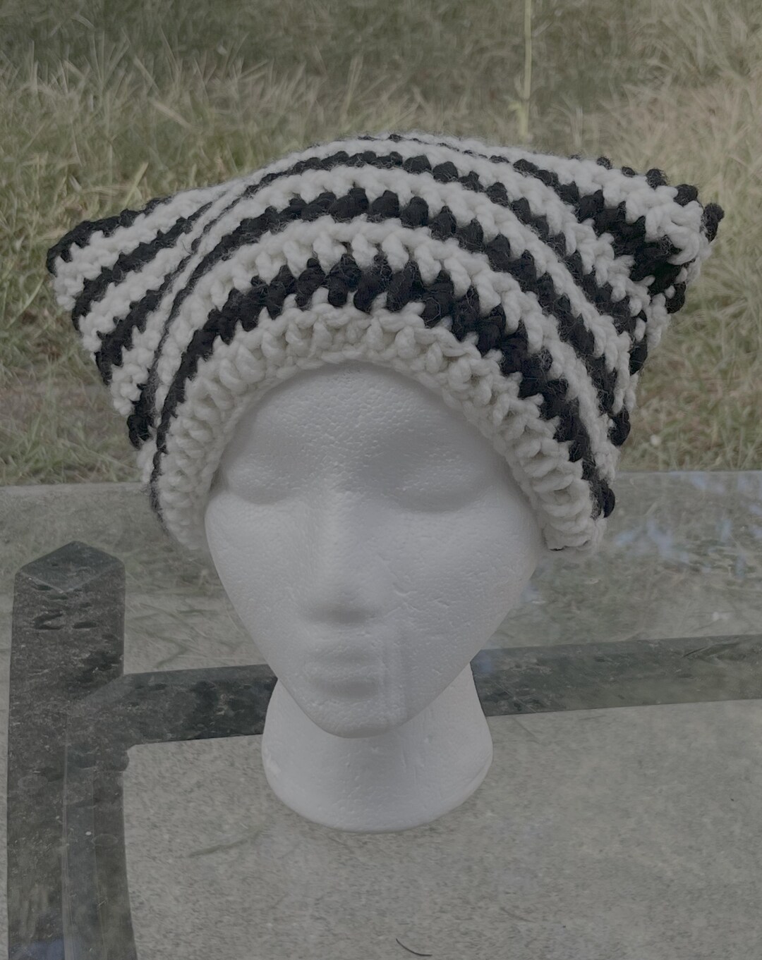 Custom Handmade Crochet Cat Ear Beanie Black and White Alt Y2k ...