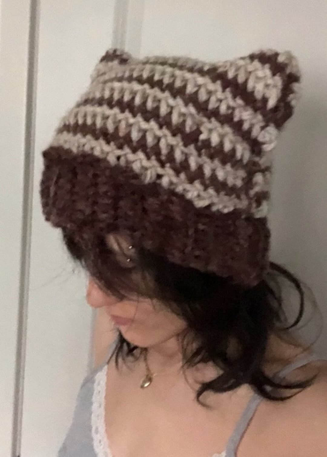 Custom Handmade Crochet Cat Ear Beanie Brown and White Alt Y2k ...