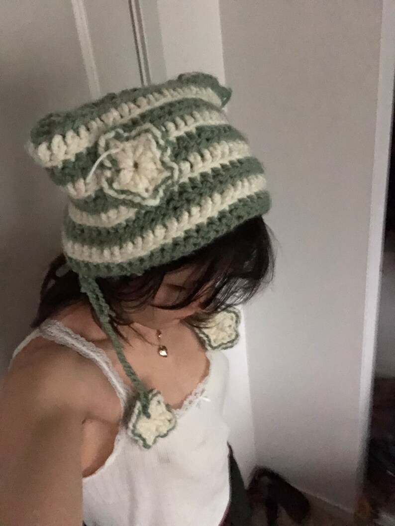 Custom Handmade Crochet Cat Ear Beanie Green and White Alt Y2k ...