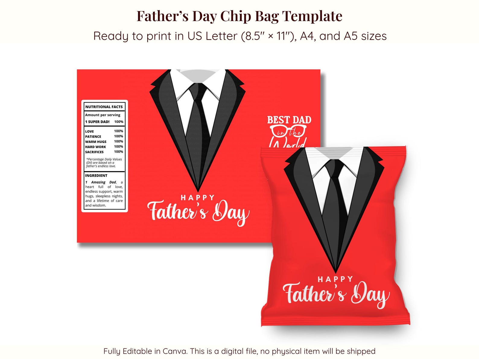 Father’s Day Chip Bag, Suit and Tie Design Best Dad Printable Snack Bag ...