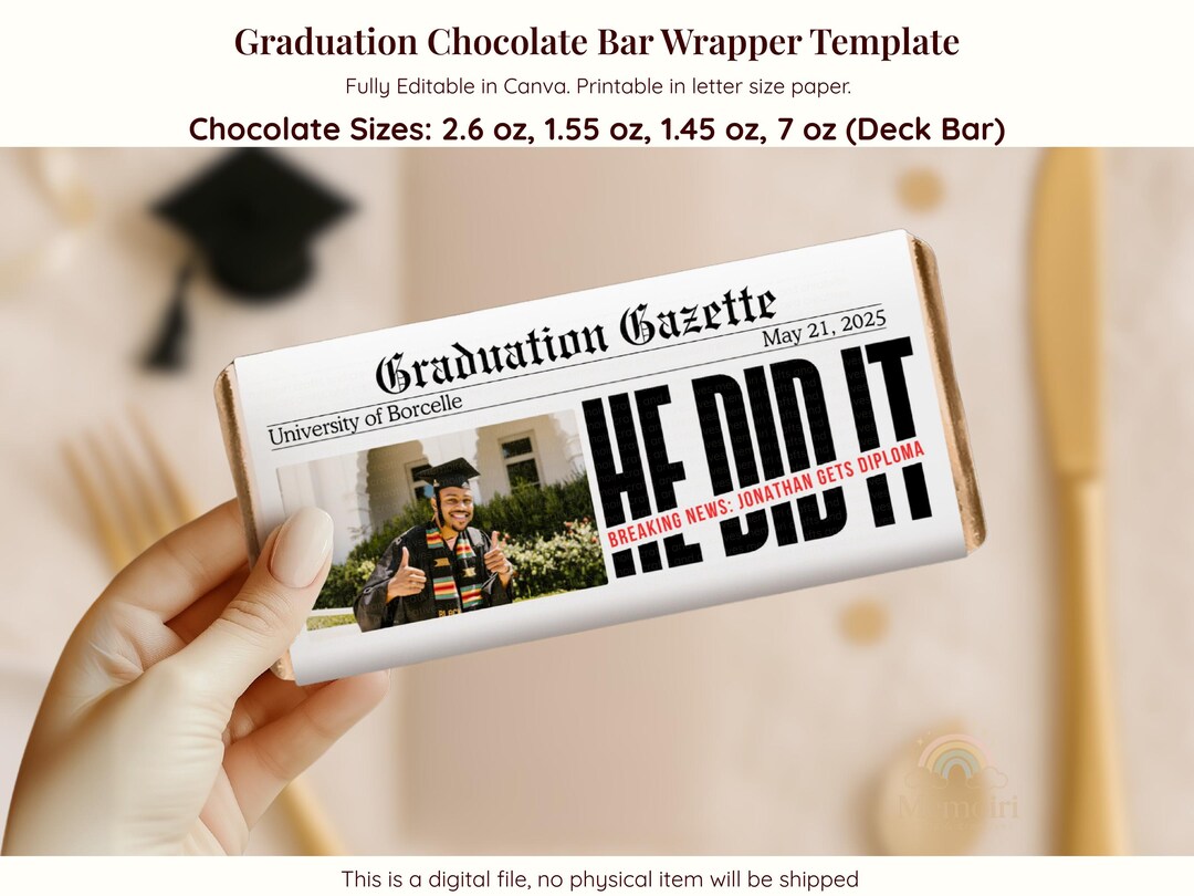 Graduation Chocolate Bar Wrapper Template: Editable Newspaper Design ...