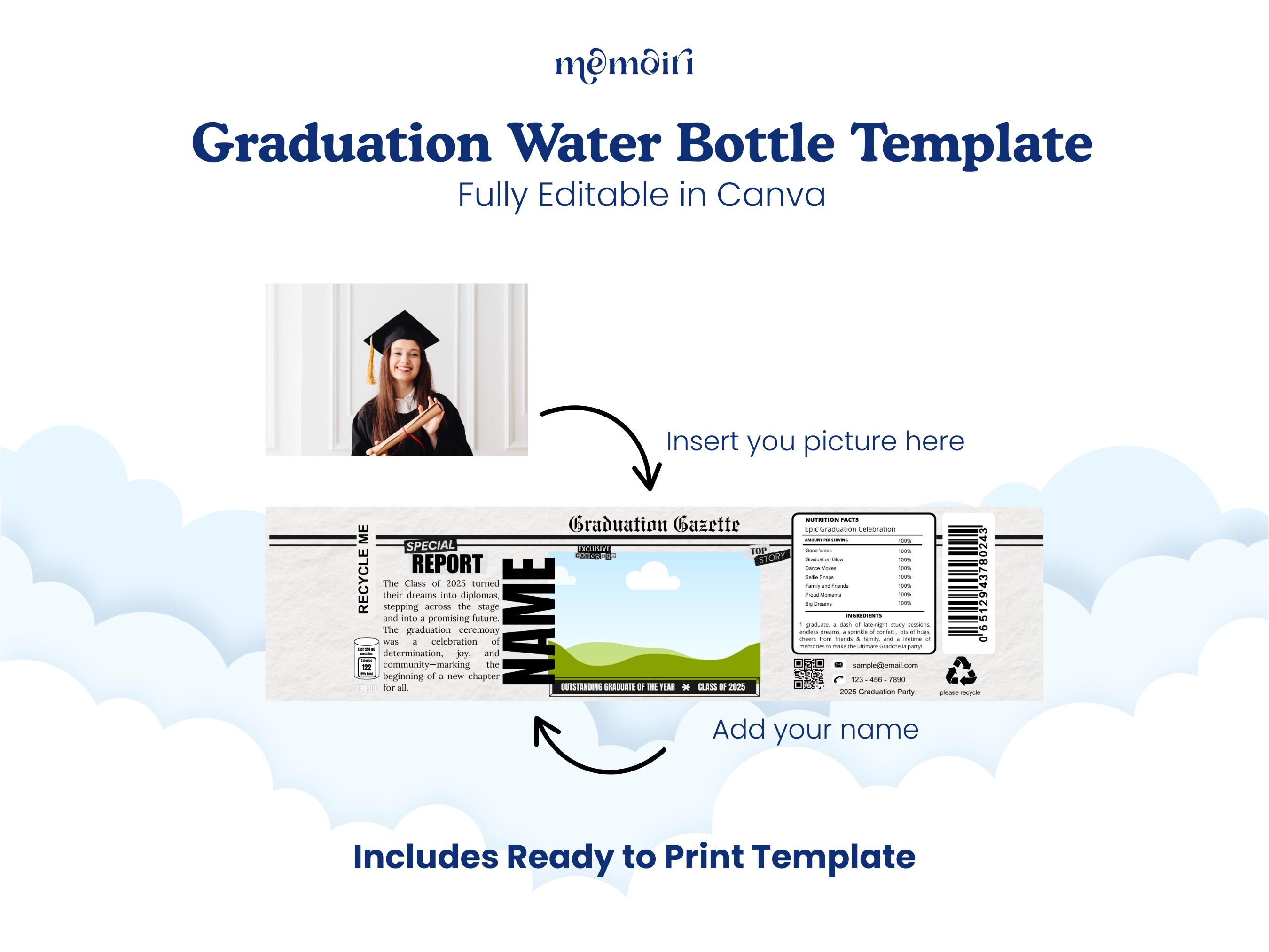 Graduation Water Bottle Label Template Newspaper Canva Wrapper, Bottled ...