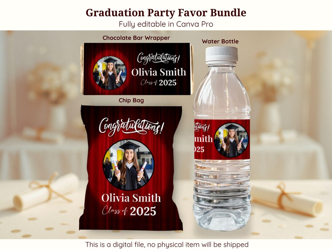Editable Graduation Party Favor Bundle Template Chip Bag, Water Bottle ...