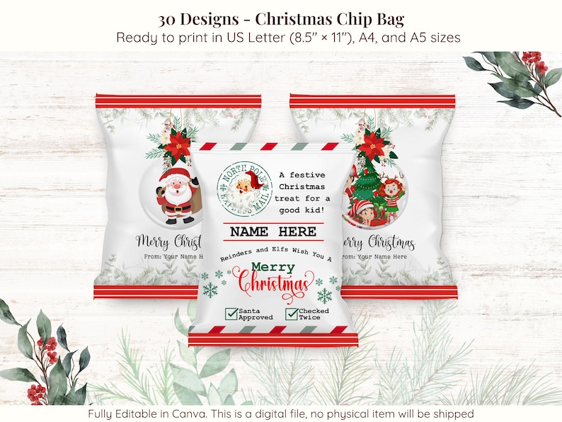 30 Editable Christmas Chip Bag Template | 30 Ready-to-print Holiday ...